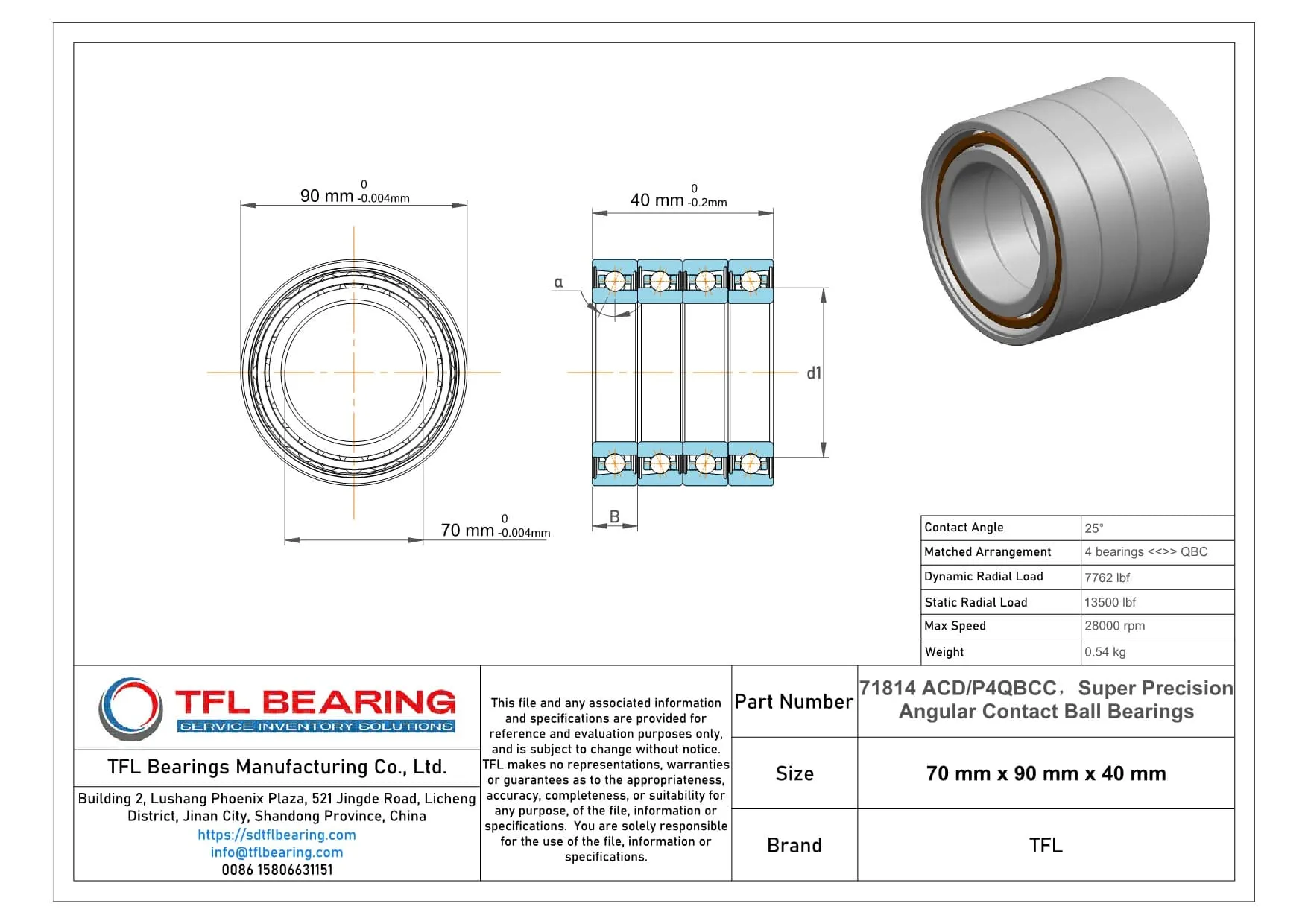 Super Precision Angular Contact Ball Bearings 71814 ACD/P4QBCC - TFL