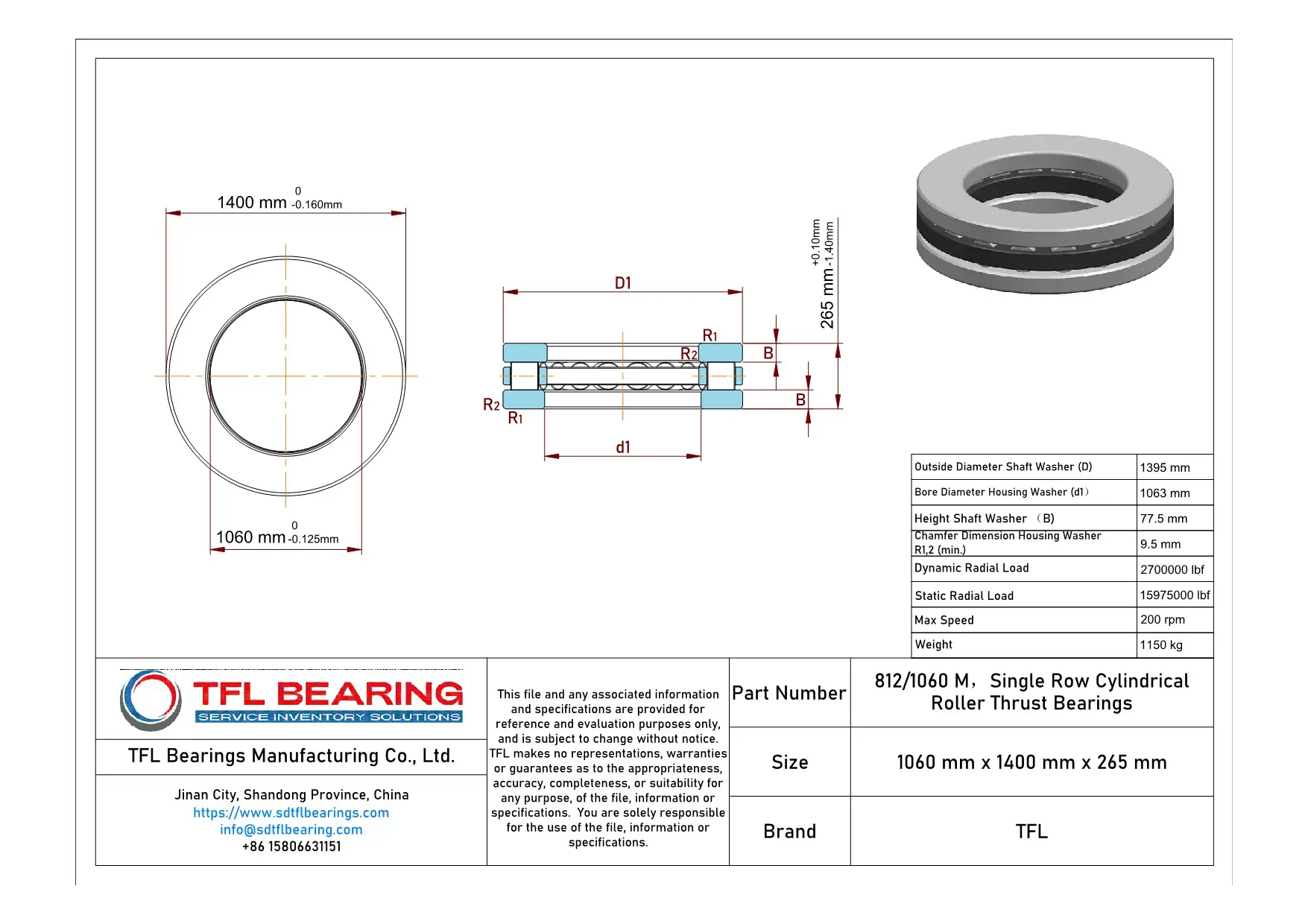 Single Row Cylindrical Roller Thrust Bearings 812/1060 M - TFL